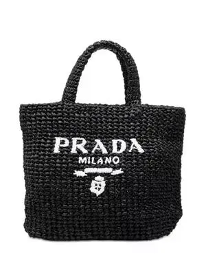 Prada 2013-2026 Small Raffia Effect Crochet Embroidered Logo Tote Bag - Black