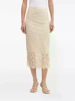 VICOLO Lace-overlay Side-slit Midi Skirt - Neutrals