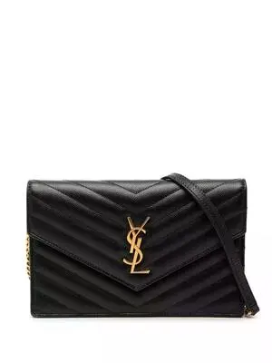 Saint Laurent 2017 Grain De Poudre Chevron Cassandre Envelope Chain Wallet Crossbody Bag - Black