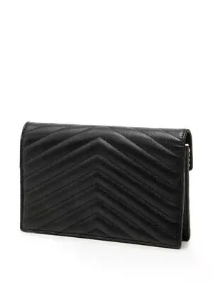 Saint Laurent Grain De Poudre Chevron Cassandre Envelope Chain Wallet Crossbody Bag - Black