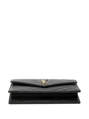Saint Laurent Grain De Poudre Chevron Cassandre Envelope Chain Wallet Crossbody Bag - Black