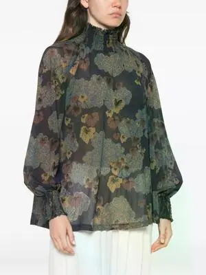 SIYU Floral-print Smocked-neck Blouse