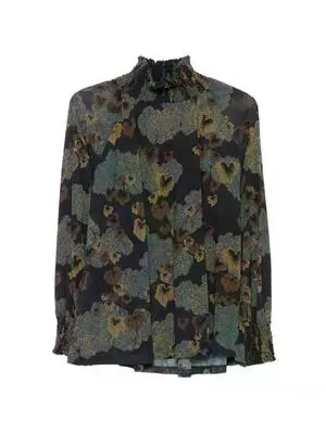 SIYU Floral-print Smocked-neck Blouse - Blue