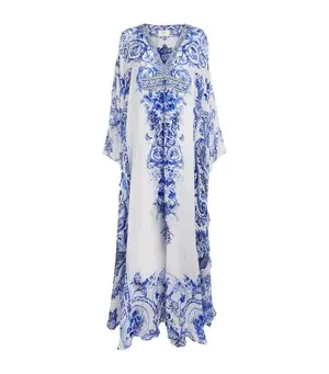 Camilla Silk Embellished V-neck Kaftan - Blue