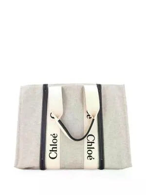 Chloé Woody Canvas With Leather Large Tote Bag - Neutrals