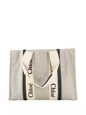 Chloé Woody Canvas With Leather Large Tote Bag - Neutrals