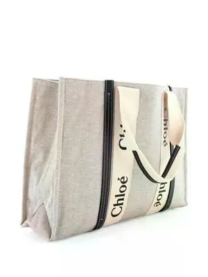 Chloé Woody Canvas With Leather Large Tote Bag - Neutrals