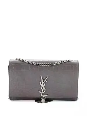 Saint Laurent Monogram Tassel Crocodile Embossed Leather Medium Crossbody Bag - Grey