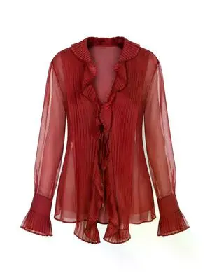 Alberta Ferretti Ruffled Pleated Silk Blouse