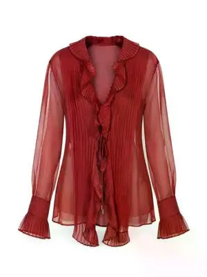 Alberta Ferretti Ruffled Pleated Silk Blouse