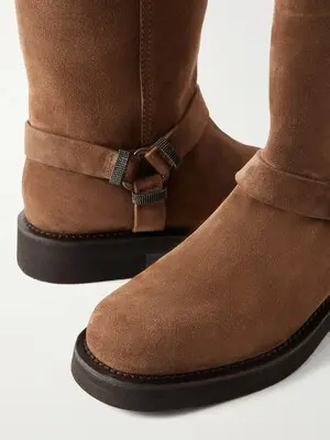 Brunello Cucinelli Bead-embellished Suede Biker Boots