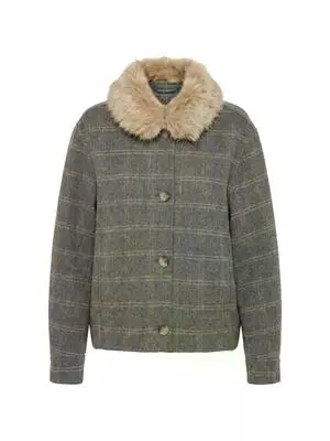 TWINSET Double Check Wool Caban Coat With Faux Fur - Grey