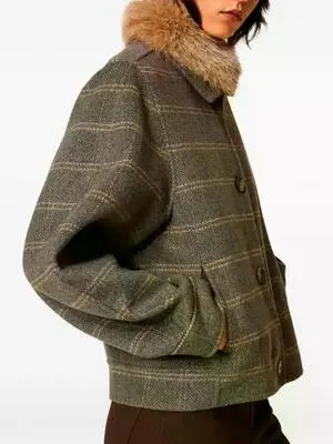TWINSET Double Check Wool Caban Coat With Faux Fur
