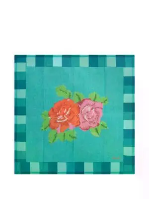 LISA CORTI Floral-print Checked-border Napkin - Blue