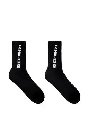 Rhude Logo-intarsia Ribbed-knit Socks - Black