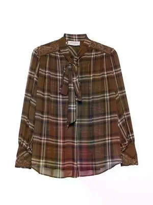 ERMANNO FIRENZE Check-pattern Pussy-bow Shirt - Brown