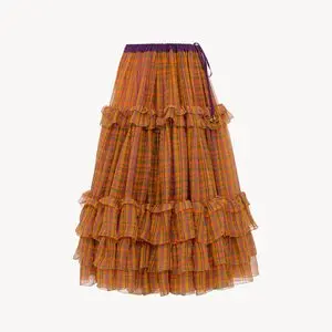 Chloé Ruffled Checked Silk Mousseline Maxi Skirt - Multicolor Orange
