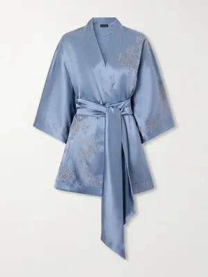 Carine Gilson Lace-embroidered Silk-satin Robe - Blue