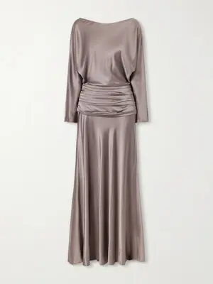 Staud Freda Gathered Silk-blend Satin Maxi Dress - Silver