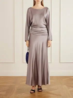 Staud Freda Gathered Silk-blend Satin Maxi Dress - Silver