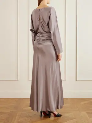 Staud Freda Gathered Silk-blend Satin Maxi Dress - Silver