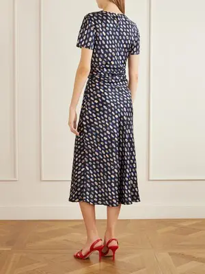 Staud Marcel Printed Ruched Silk-blend Satin Midi Dress
