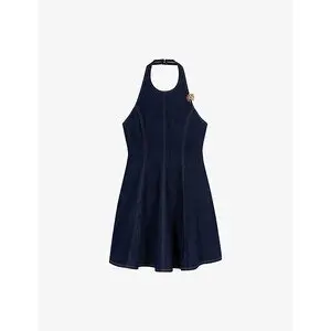 Maje Halterneck Flower-brooch Denim Mini Dress - Navy