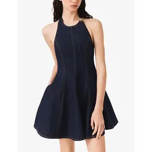 Maje Halterneck Flower-brooch Denim Mini Dress