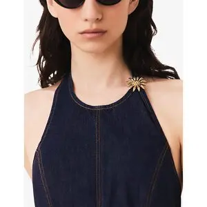 Maje Halterneck Flower-brooch Denim Mini Dress