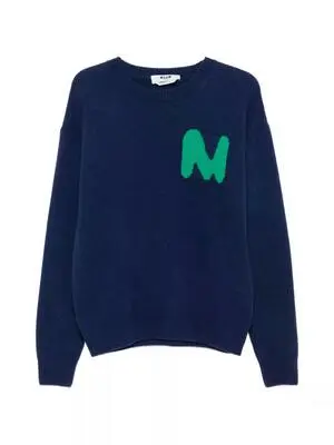 MSGM Navy Intarsia-knit Logo Embroidered Sweater