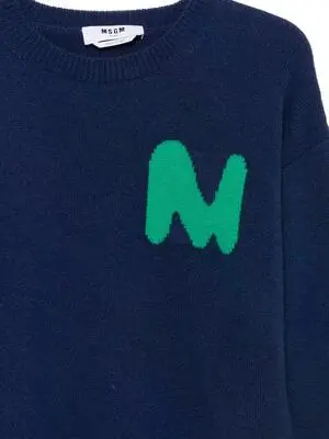 MSGM Navy Intarsia-knit Logo Embroidered Sweater