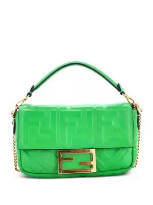 Fendi Baguette Nm Bag Zucca Embossed Leather Mini Crossbody Bag - Green