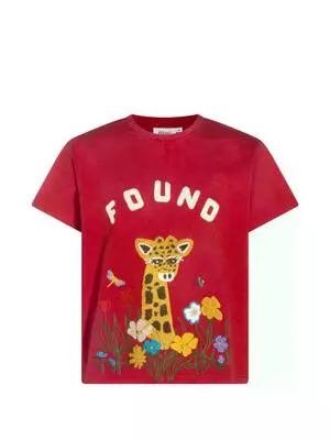 FOUND Giraffe-embroidered Cotton T-shirt - Red