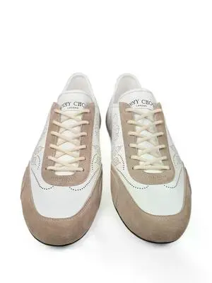 JIMMY CHOO And Beige Perforated Rose Motif Suede Panel Lace Up Sneakers - White