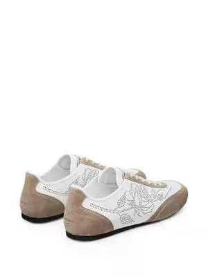 JIMMY CHOO And Beige Perforated Rose Motif Suede Panel Lace Up Sneakers - White