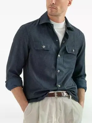Brunello Cucinelli Virgin-wool Flannel Overshirt With Spread-collar And Chest-pockets - Blue