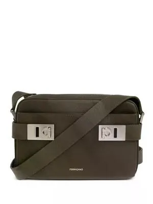 FERRAGAMO Gancini Pebbled Leather Messenger Bag - Green