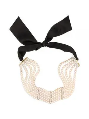Vintage Multi-strand Pearl And Crystal Choker Necklace With Bow Fastening - Neutrals
