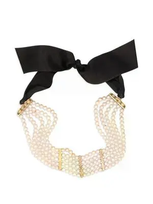Vintage Multi-strand Pearl And Crystal Choker Necklace With Bow Fastening