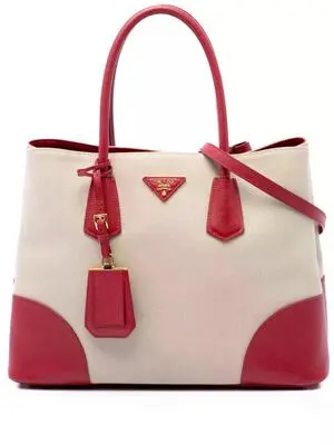 Prada 2010-2026 Large Saffiano Trimmed Canapa Double Satchel - Neutrals