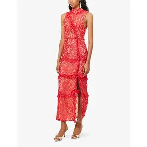 Alessandra Rich High Neck Ruffled Lace Midi Dress