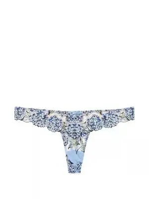 FLEUR DU MAL Floral-embroidered Scalloped-edge Thong - Blue