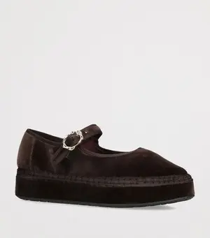 FLABELUS Velvet Double Mary Jane Flatform Shoes - Brown