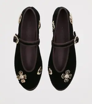 FLABELUS Velvet Mary Jane Flats With Embellishments