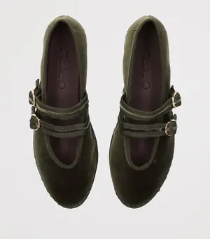 FLABELUS Velvet Claire Mary Jane Flats With Double Strap Detailing - Green
