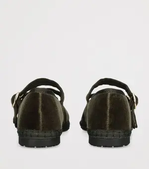 FLABELUS Velvet Claire Mary Jane Flats With Double Strap Detailing - Green