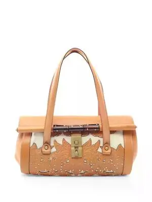 Gucci Bamboo Handle Floral Carving Handbag - Brown