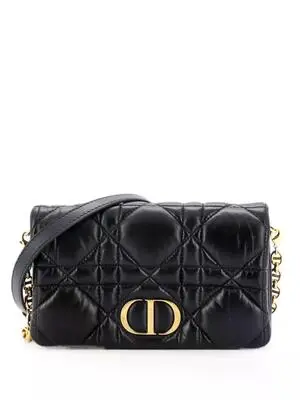 Dior Caro Flap Pouch With Chain Macrocannage Quilt Calfskin Mini Crossbody Bag - Black