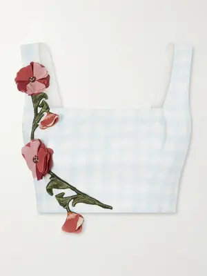 Agua Bendita Amanda Cropped Floral-appliqué Linen Top - Blue