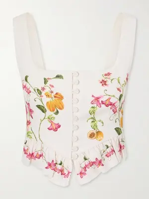 Agua Bendita Eslabon Cropped Floral Linen Top - Neutrals